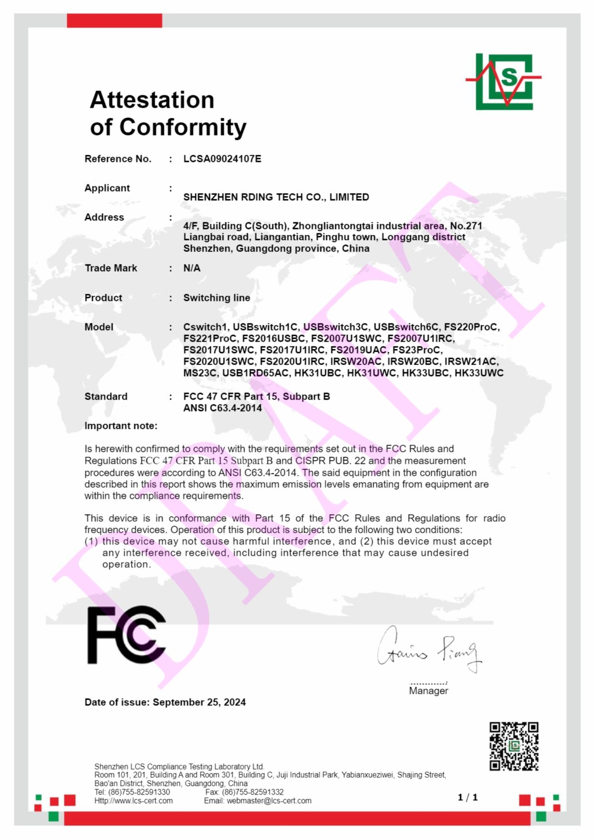 TPC24 FCC SDOC – PCsensor RDingtech RDing